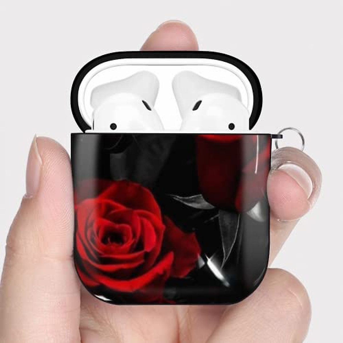 Red Rose and Black Leaf Flowers for AirPods Case Cover for Airpods 1&2, Wireless/Wired Charging Protective AirPods Case with Keychain