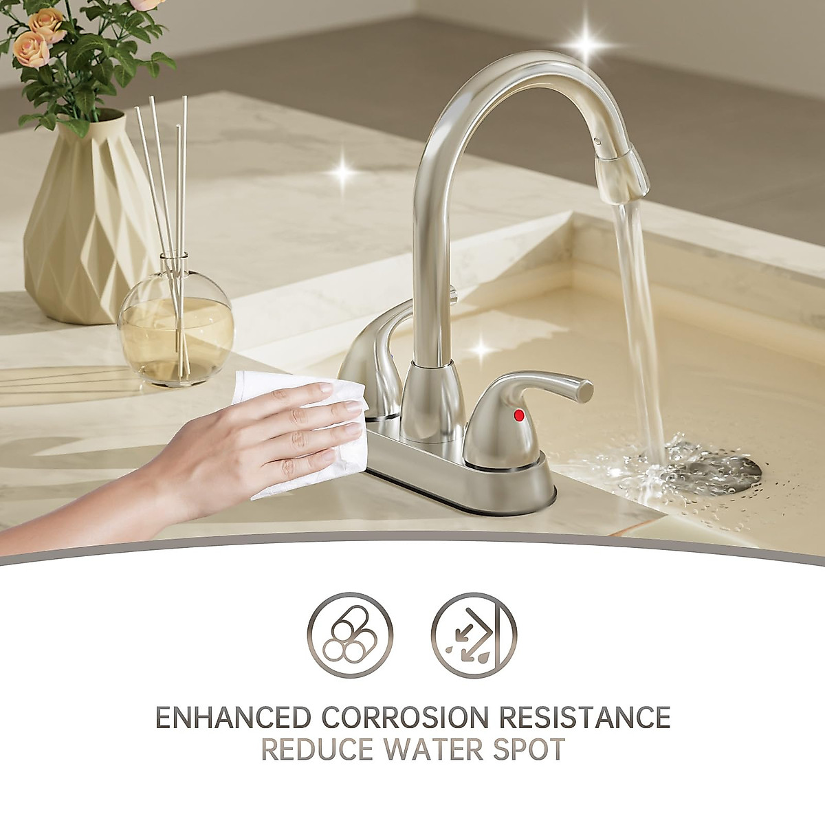 Phiestina Pull Down Sprayer Chrome 4 Inch Bathroom Faucet，3 Hole Centerset Pull Out Bathroom Sink Faucet，with 360 Swivel Spout，Metal Pop-Up Drain and Water Supply Lines，BF04007-B11-C