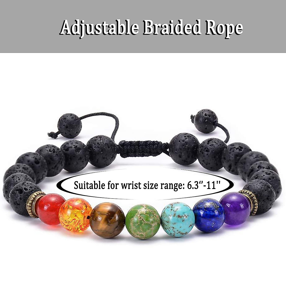 DRTMLY 8MM Lava Rock Chakra Bracelets, Adjustable Crystal and Healing Stone Bracelets, Braided Rope Beaded Bracelets for Women Men Spiritual Protection