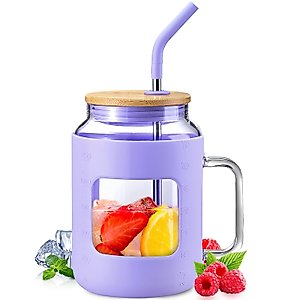 WINSA 50 oz Glass Water Bottles with Silicone Sleeve,Glass Tumbler with Lid and Straw,Iced Coffee Cup with Handle,BPA Free-Purple
