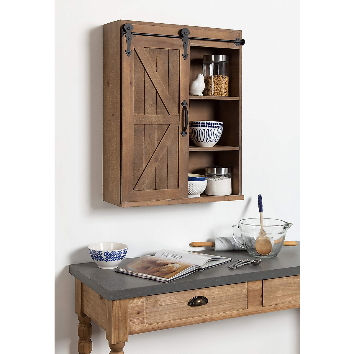 Kate and Laurel Cates Wood Wall Storage Cabinet with Sliding Barn Door, Farmhouse-Style Wall Cabinet, Ideal for Use as a Bathroom Cabinet, Pantry Cabinet, Kitchen Cabinet, Rustic Brown