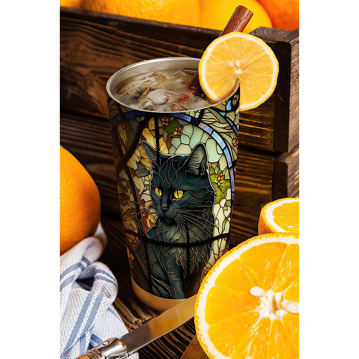 20oz Stained Glass Black Cat Tumbler, Gifts for Cat Lovers, Coffee Thermos for Women, Stainless Steel Double Wall Vacuum Insulated Coffee Mug, Travel Cup with Lid