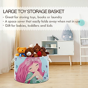 ALAZA Cute Mermaid Fish Seashell Pink Storage Basket Gift Baskets Large Collapsible Laundry Hamper with Handle, 20x20x14 in Multi B06D20005