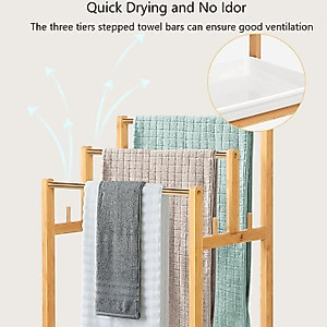 Nisorpa 3 Tier Freestanding Towel Rack Bamboo Bathroom Towel Drying Stand Holder Bamboo Standing Towel Rack with Bottom Storage Shelf for Hand Towel Washcloth Facecloth Small Bath Towel and Bathrobe