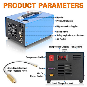 NIHAO PCP Air Compressor, 4500Psi 30Mpa, Water Oil-Free, 12V Automotive DC or Home 110V AC, Portable PCP Airgun Compressor for Paintball/PCP Rifle/Mini Scuba Tank