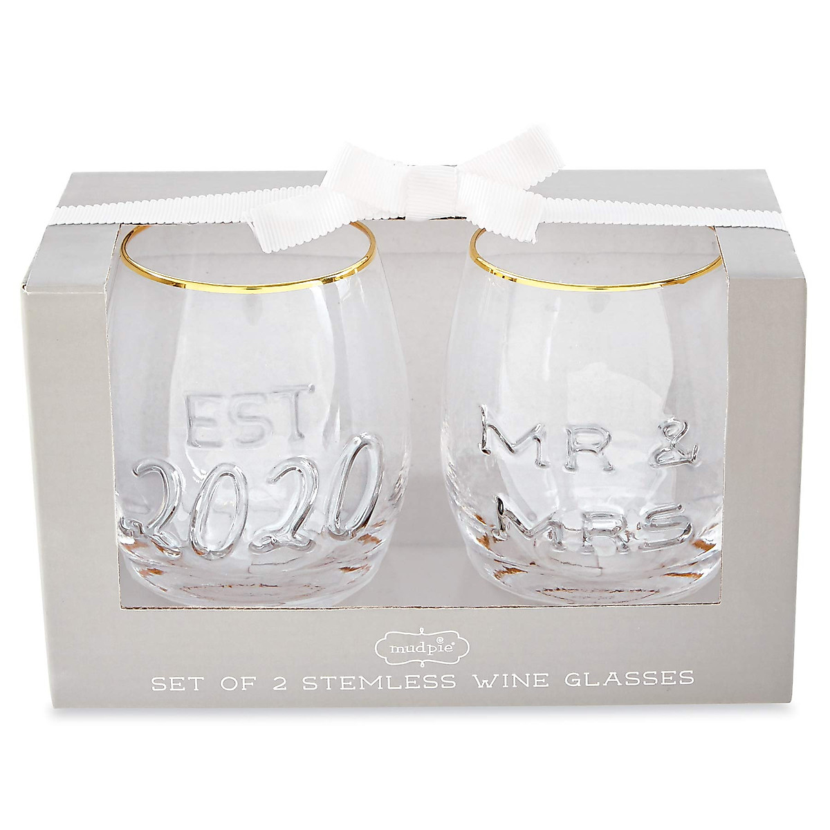 Mud Pie MR. & MRS. EMBOSSED WINE GLASS SET, Est 2020, 16 oz