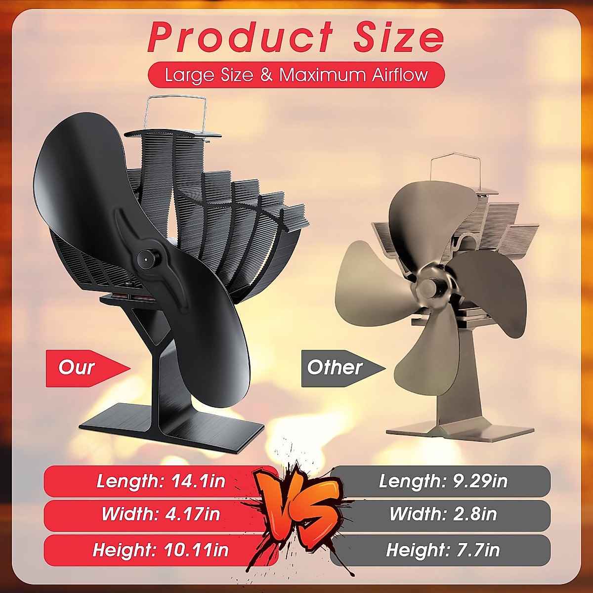 Hanaoyo Upgraded Wood Stove Fan Max Airflow, Large-Sized Heat Powered Stove Fan Non Electric Fireplace Fan, Wood Stove Accessories, Stove Fan for Wood/Gas/Log Burner Stove/Fireplace