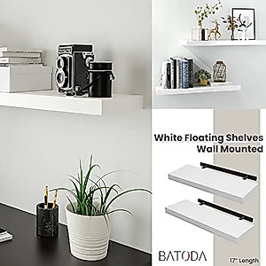 BATODA 17" White Floating Shelves Wall Mounted for Bathroom – Rustic Farmhouse Wooden Wall Storage Shelf for Bed Room, Kitchen, Home Décor - Brackets Included -17x 6x1.2 Inch (17 Inch)