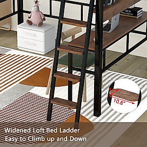 Twin Loft Bed with Desk and Storage Shelf, Metal Loft Bed Twin Size with Wider Ladder and Full Length Guardrail, Twin Size Loft Bed for Kids, Teens, Twin Loft Bed Black+Natural