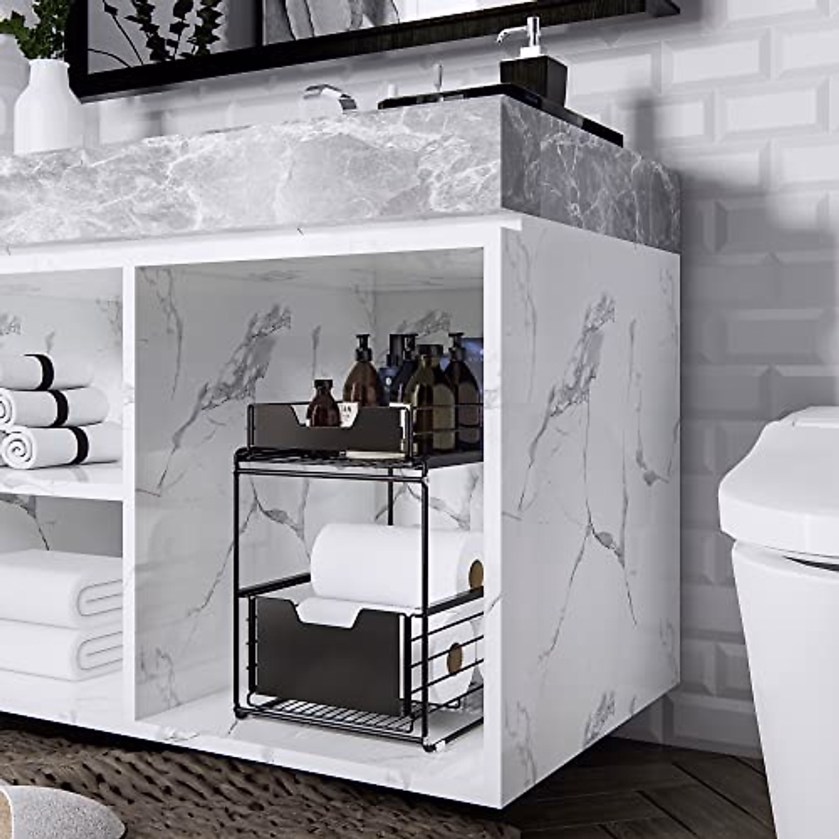 DOLALIKE Pull Out Under Sink Cabinets Organizer, Stackable 2 Tire Sliding Countertop Organizer, Under Sink Storage Drawer Shelf for Kitchen (Black)