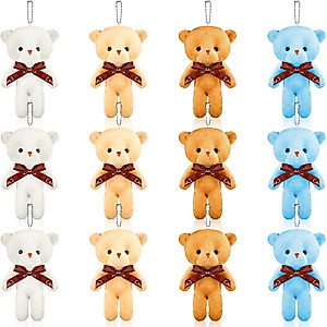 Chivao 12 Pieces Joint Mini Bears Toy Plush Bear Baby Shower Decorations Stuffed Animals Soft Tiny Bears Doll Small for Birthday Cake Wedding Ornaments Keychain DIY Accessory (Boy Bow Style)