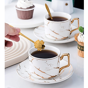 Jusalpha Serve of 4- Hand Printed Golden Matte Ceramic Marble Tea Coffee/Tea Cups with Spoons and Cup Holder, 7OZ -TCS26 (White/Gold, Serve of 4)