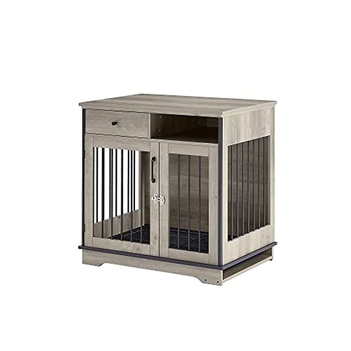 OGAOL Dog Crate Furniture, Wood Furniture Style Dog Crate End Table with Drawer, Medium Dog Kennel with Removable Tray, Rustic Deco Dog House Cage for Dogs up to 60 lb, Chew-Proof (Grey-with Tray)