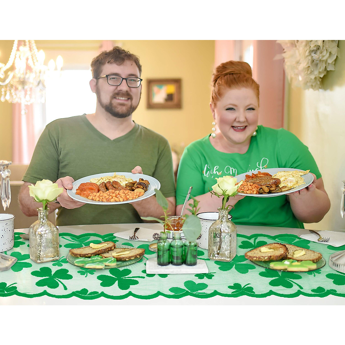 6PCS St Patricks Day Decorations Table Runners Placemats Saint Shamrock Green Lace Embroidered Irish Clover Party Decor Supplies,with 2 Light Strips