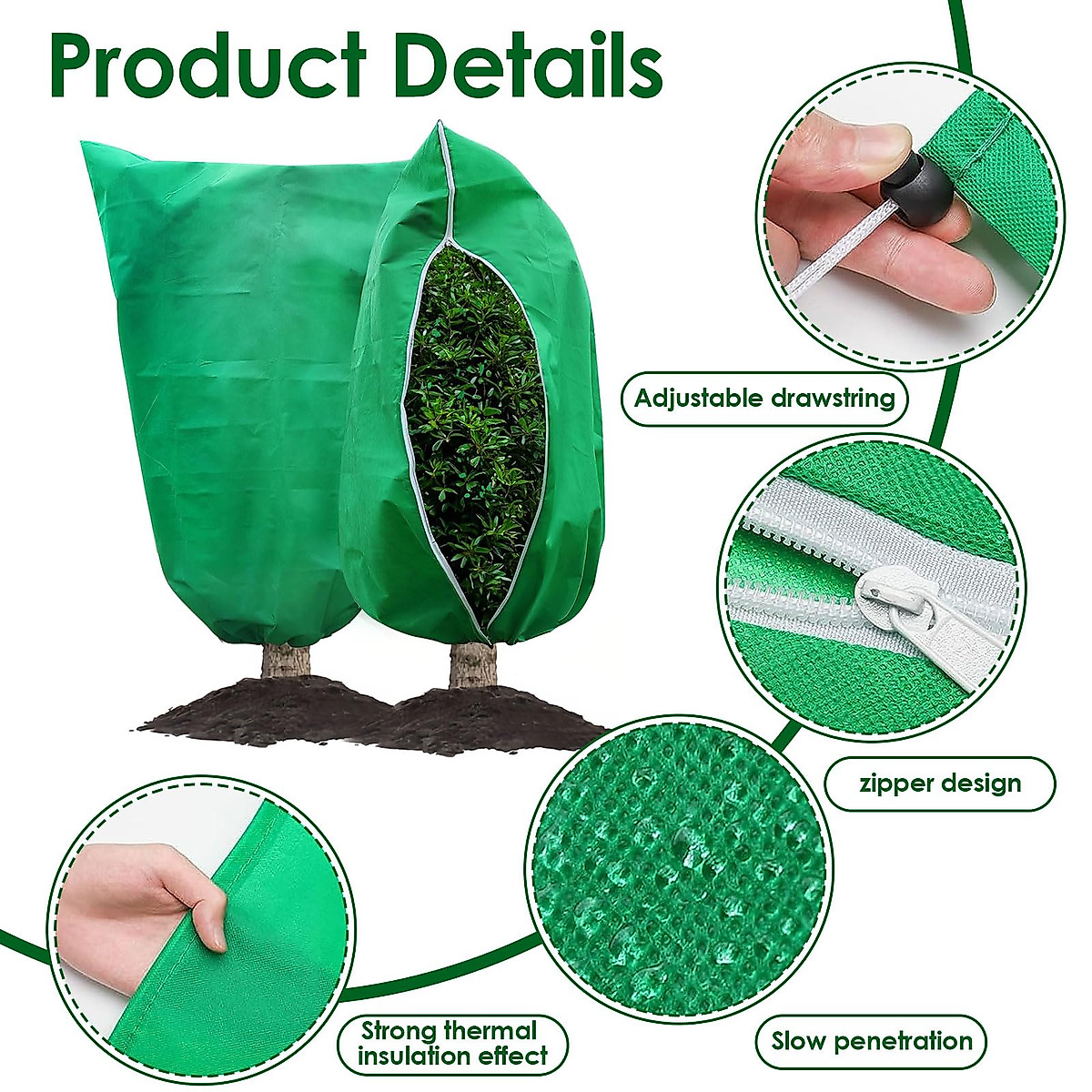3 Pcs Large Plant Covers Freeze Protection 47.5" X 71.2" ,Reusable Winter Cold Weather Frost Blankets for Outdoor Plants with Drawstring and Zipper,Outdoor Tree Jackets (L:47.5" x 71.2", Green)