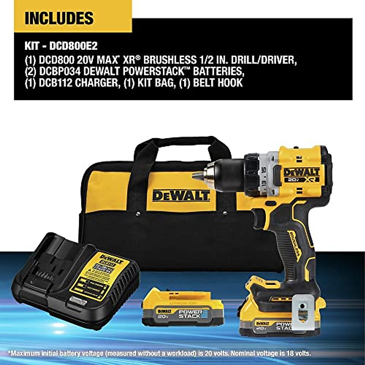 DEWALT 20V MAX XR Cordless Drill Kit, Drill and Driver, 1/2", Batteries, Charger, and Bag Included(DCD800E2)