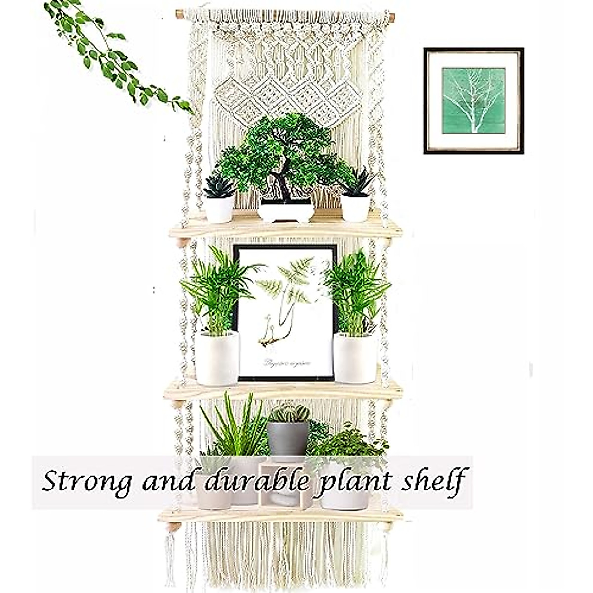 Induslyfe Macrame Wall Hanging Shelf Tier 3 Boho Hanging Wall Decor Boho Shelf Wall Decor Plant Rack Shelf, Boho Bookshelf Wall White Hanging Shelf Woven Rope for Boho Bathroom decor Bedroom Bookshelf