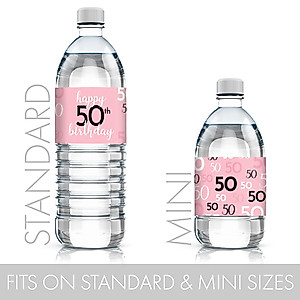 Pink, Black, and White 50th Birthday Party Water Bottle Labels - 24 Count, 50th Birthday Party Decorations for Women