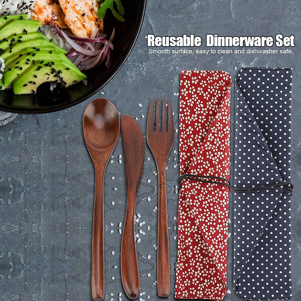 3Pcs Wooden Spoon Fork Knife Cutlery Set, Japanese Reusable Wooden Bamboo Cutlery Set