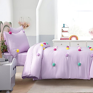 HOMBYS Pom Poms Bedding Comforter Set for Girls, 5 Piece Purple Boho Kids Comforter Set for All Season，Twin/Twin XL Size