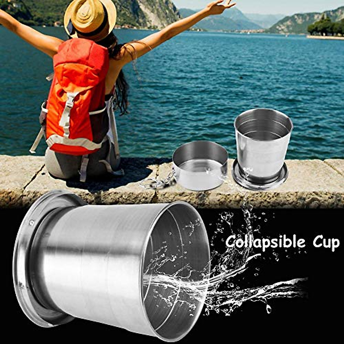 250ml Stainless Steel Collapsible Cup, 4-Folding Portable Camping Mug Travel Cup with Lid and Keychain for Outdoor Drinking