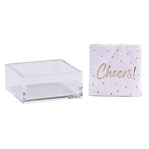Premium Acrylic Cocktail Napkin Holder - Elegant Napkin Holder with Bonus 20 Gold Embossed 'Cheers' Napkins Included- 5x5 Inches Heavy Duty Acrylic Cocktail Napkin Holder for Parties and Events
