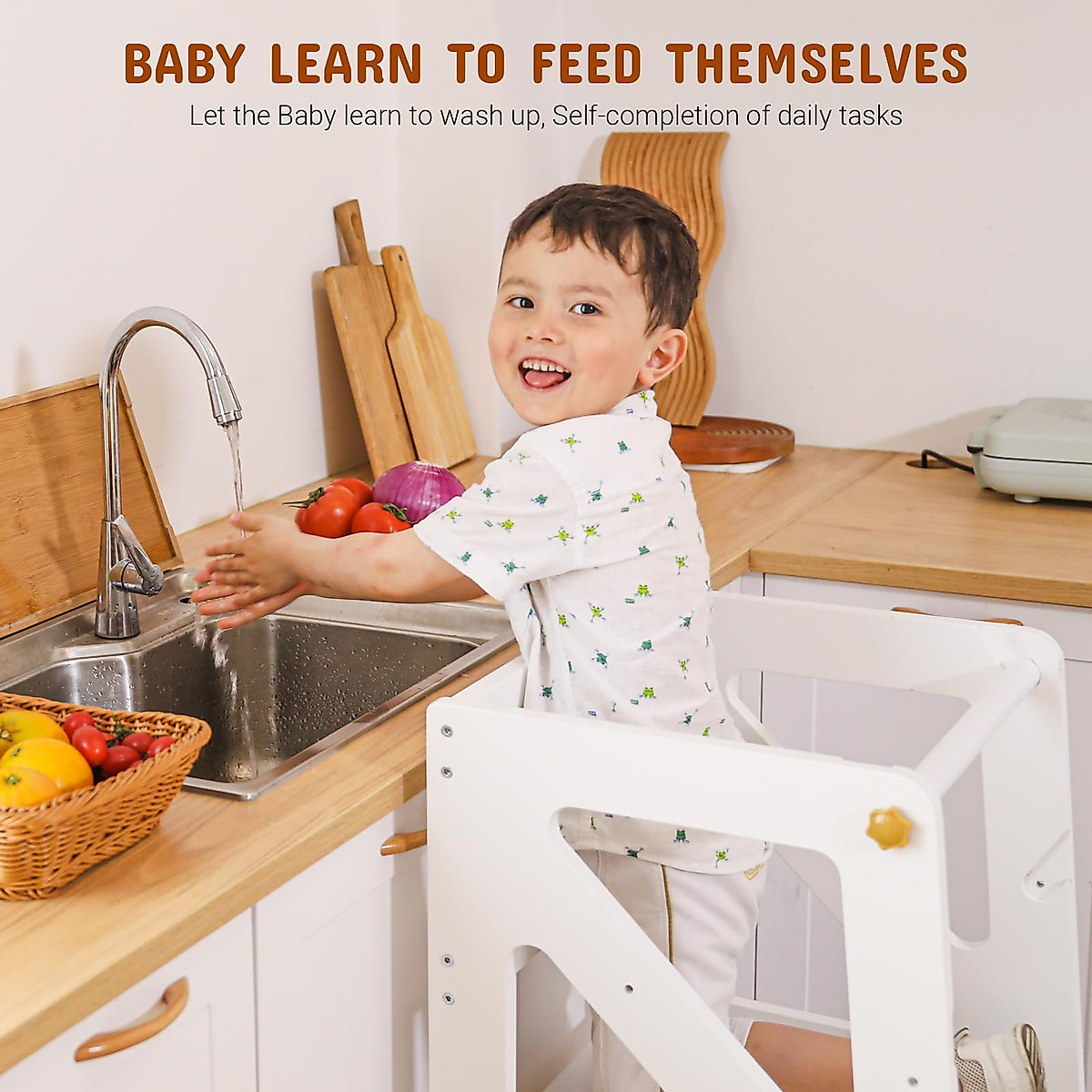 Rendpas Toddler Kitchen Stool Helper with Meal Tray & Safty Rail, Adjustable Height Kids Kitchen Step Stool, Toddler Standing Tower Convertible Meal Chair, Wooden Toddler Counter (White)