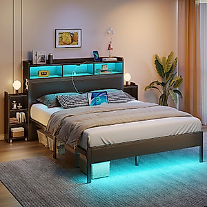 Rolanstar Bed Frame Queen Size with Bookcase Storage Headboard, Slide Out Bedside Storage, Bed with Charging Station & LED Lights, Heavy Duty Metal Slats, No Box Spring Needed, Noise Free, Black