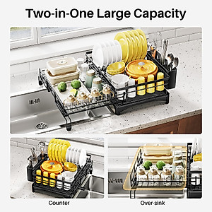 Dish Drying Rack - Extendable Dish Rack, Large Sink Drying Dish Drainer for Kitchen Counter, Stainless Steel Dish Strainer with Utensil Holder (Black)