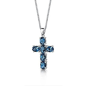 PEORA Genuine London Blue Topaz Cross Pendant Necklace for Women 925 Sterling Silver, December Birthstone, 6 Carats total Oval Shape, with 18 inch Chain