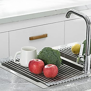 CSUNNUFA Roll Up Dish Drying Rack, 12"-21" Expandable Over The Sink Dish Drying Rack Sink Dish Drainer, Portable Stainless Steel Rolling Drying Rack for Kitchen Sink (21"x14.6", Grey)