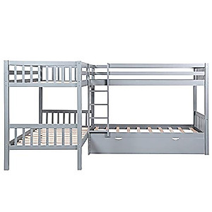 ATH-S Wood Triple Bunk Bed Full Over Twin &Twin Bunk Beds for 3, Wooden Triple Beds Frame with Drawers and Guardrails for Teens, Adults, No Box Spring Needed (White/Grey) (Color : Gray)