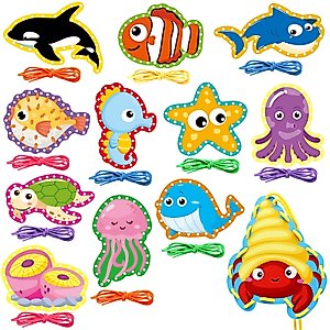 Omlisca Sea Animals Lacing Cards Sewing Cards 12 Pack Shark Whale Ocean Theme Party Decor Double Sided Cardboard Lacing Playing Games for Preschool Home Developing Imagination Education Supplies