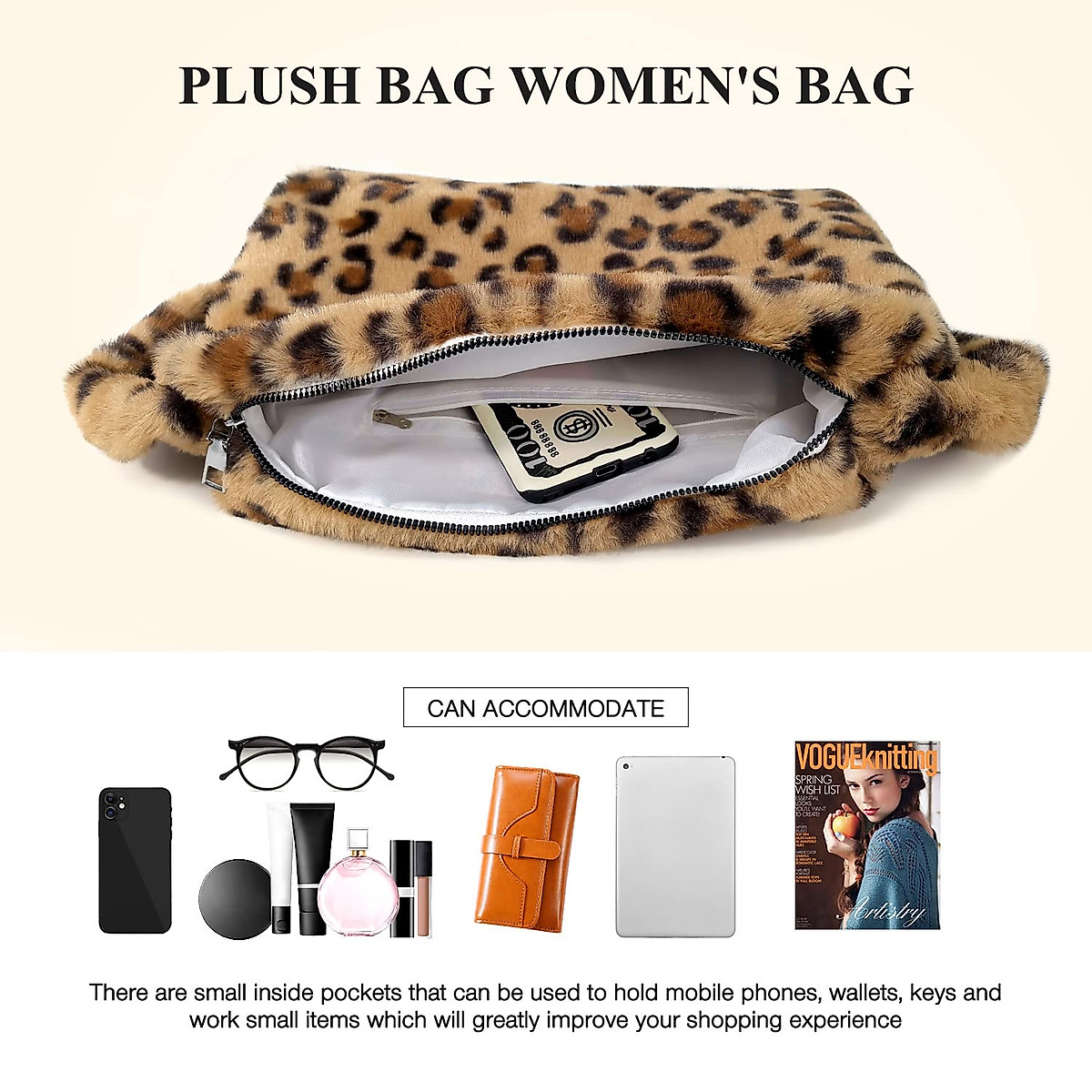 Fuzzy Tote Bag Y2K Fluffy Shoulder Bag Women Furry Purse Large Cute Plush Bag Ladies Faux Fur Bag for Autumn and Winter (Leopard)