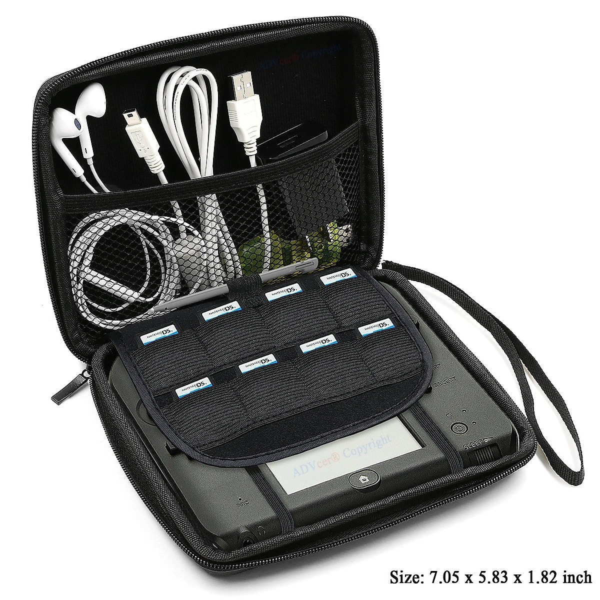 ADVcer 2DS Case, EVA Waterproof Hard Shield Protective Carrying Case with Hand Wrist Strap and Double Zipper Compatible with Nintendo 2DS (Black)