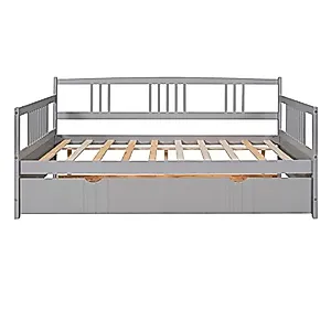 Merax Full Size Daybed Wood Bedframe with Twin Size Trundle and Guardrail for Girs and Boys Bedroom