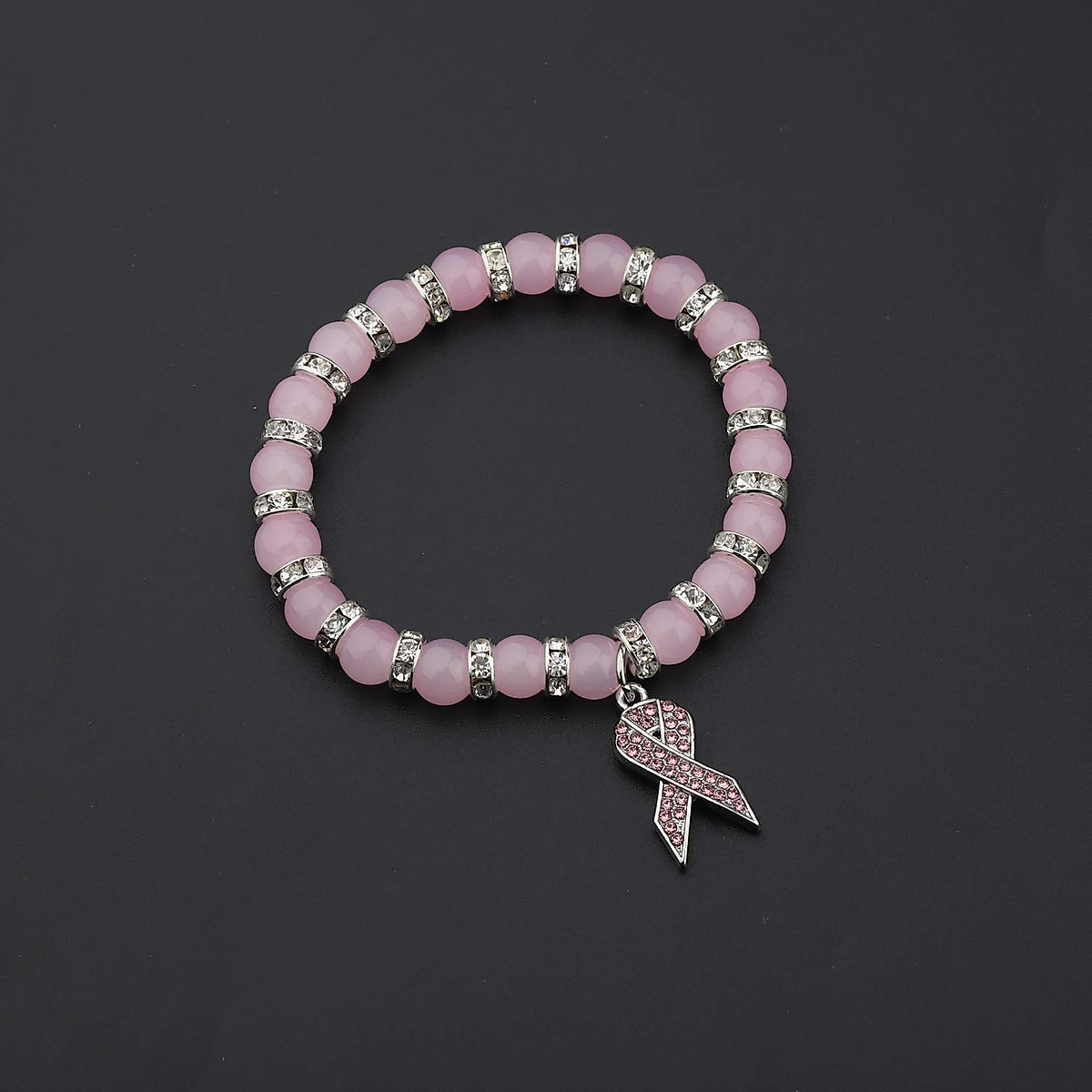 CENWA Breast Cancer Awareness Bracelet Pink Rhinestone Ribbon Charm Beads Bracelet Breast Cancer Support Gift (Breast Cancer Awareness Br)