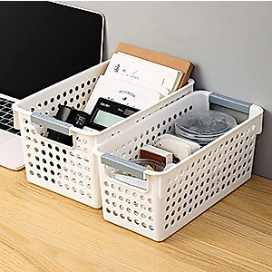 Whale Pocket 6 PCS Plastic Storage Basket, Slim White Organizer Tote Bin Shelf Baskets for Closet Organization, De-Clutter, Toys, Cleaning Products, Accessories 12.2x 8.6x 7in