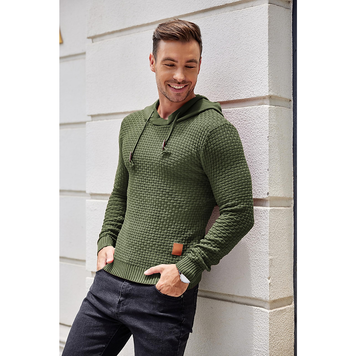 COOFANDY Men Fashion Hoodie Slim Fit Long Sleeve Polo Pullover Casaul Sweatshirt Army Green