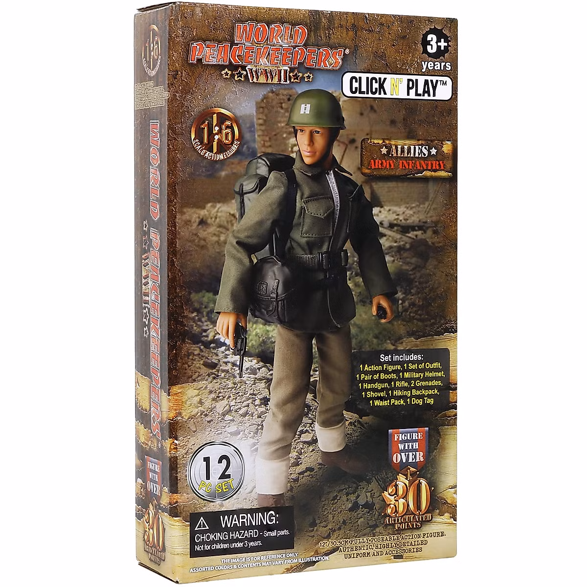 Click N' Play WWII Allies Army Infantry 12” Action Figure Plat Set with Accessories - Click N Play Military WW2 Toys