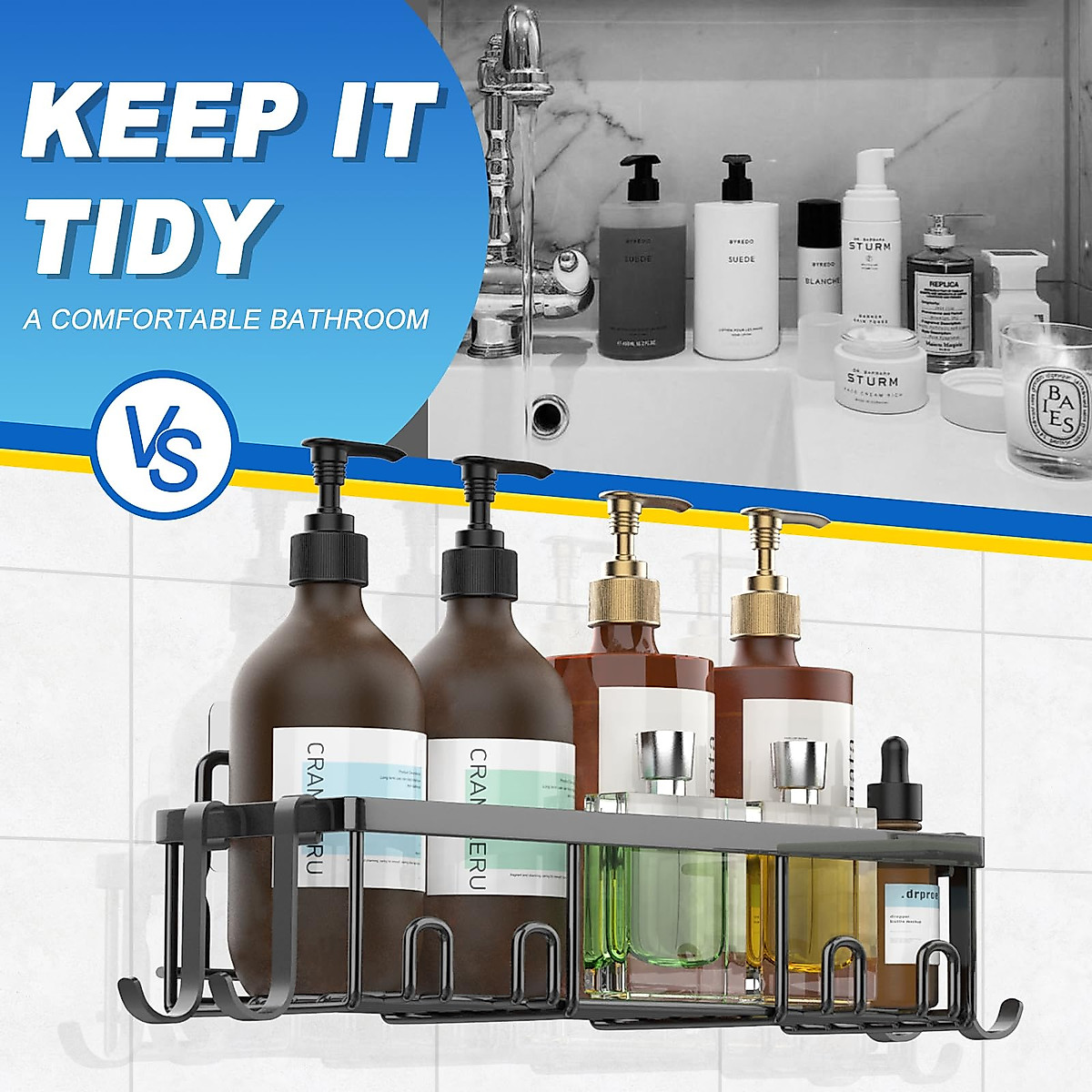 Nadfaessis Shower Caddy,4-Pack Adhesive Shower Organizer,No Drilling Shower Shelves for Inside Shower, Large Capacity Rustroof Stainless Steel Shower Racks for Bathroom,Toilet,Kitchen and Dorm(Black)