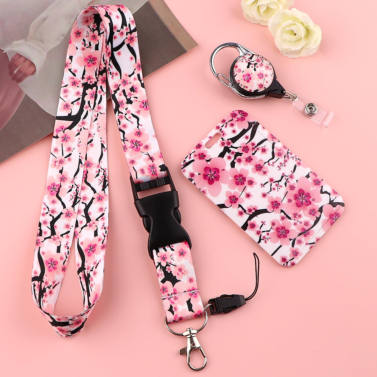 BKBKAAK Pink Flower Lanyard with ID Badge Holder and Retractable Reel Clip Girls Aesthetic Lanyard with ID Card Nametag Badge Holder for Keys School Office