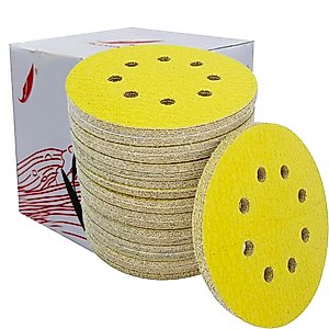 M-jump 100 Pack 5 Inch Sanding Discs, 120 Grit Hook and Loop Sandpaper for Woodworking or Automotive, 8 Hole Gold Premium Dustless Random Orbit Sandpaper