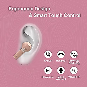 Mini Wireless Earbuds Bluetooth 5.1 Headset, IPX7 Waterproof, Touch Control in Ear Light-Weight Headphones Built-in Microphone, ANC Earphones Compatible with iPhone & Android (Pink)