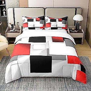 jejeloiu Cotton Duvet Cover Black Red Gray Geometry Duvet Cover Twin Size Cotton Kids Grid Buffalo Check Bedding Set for Women Men Rectangle Pattern Comforter Cover Set Soft Abstract Bedspread Cover