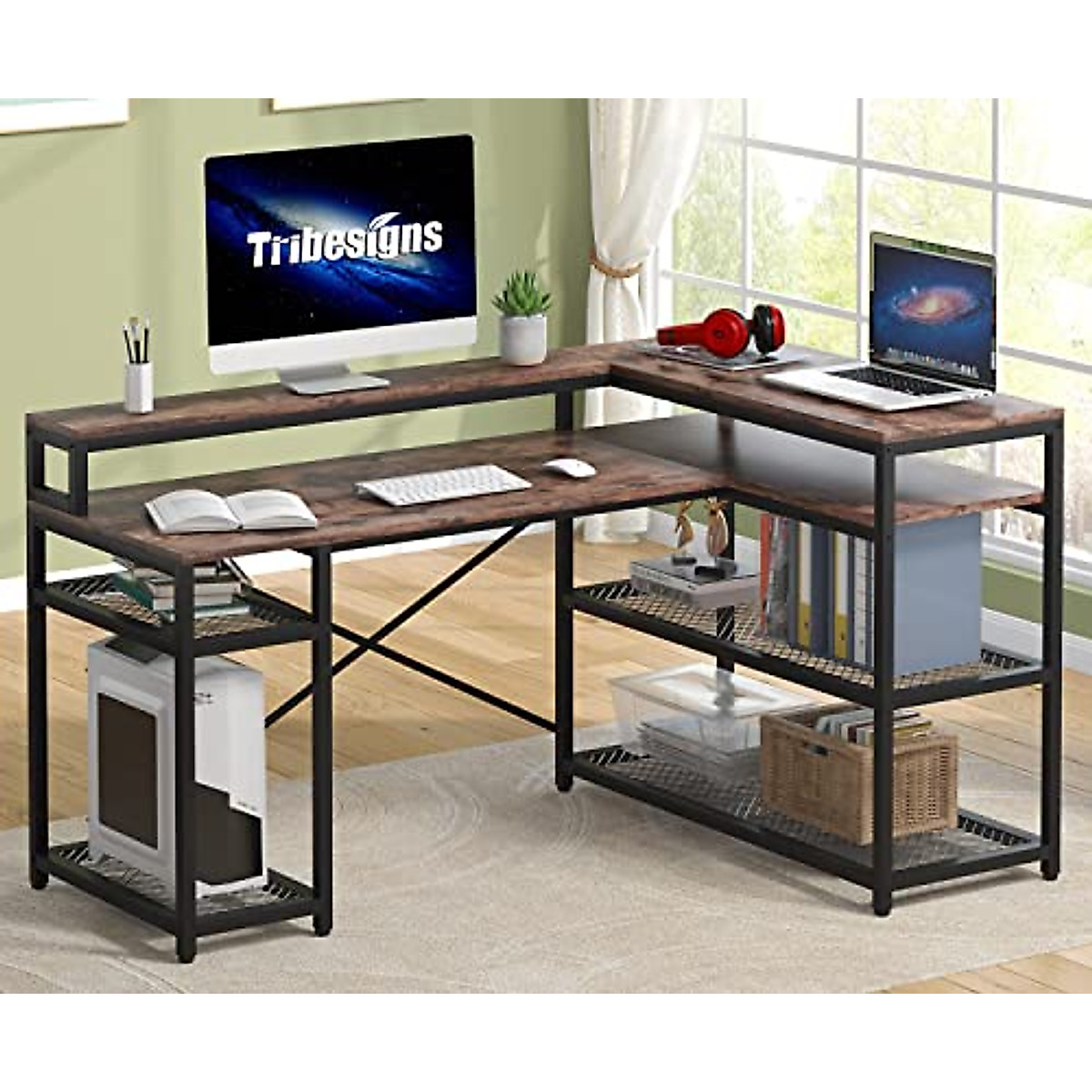 Tribesigns L Shaped Desk with Storage and Monitor Stand, Industrial Home Office Computer Desk with Storage Shelves, 59 Inch Corner Desk with Monitor Shelf(Brown)