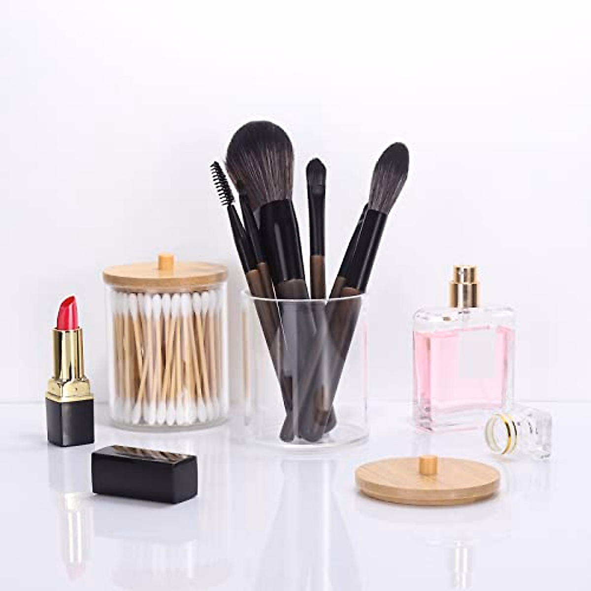 4 Pack Qtip Holder, Apothecary Jars with Lids, Q tip Holder Dispenser for Cotton Ball, Cotton Swab, Cotton Round Pads, Floss - 10 oz Acrylic Cotton Ball Holder Bathroom Organizer Bathroom Jars (4Pack Q tip Dispenser)