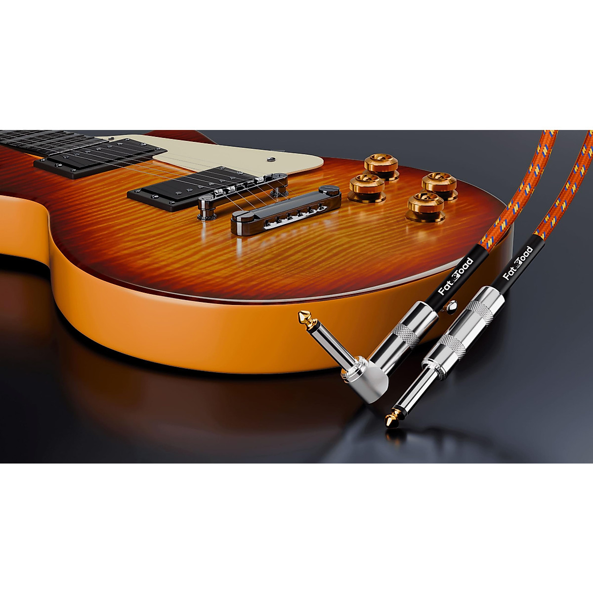 Fat Toad Guitar Cable Right Angled to 1/4 Straight-End Instrument Cord Tweed Cloth Jacket Braided Woven 20FT Quarter Inch Gold Jack TS for Electric Guitar, Bass, Keyboards | Shielded 24 AWG Patch