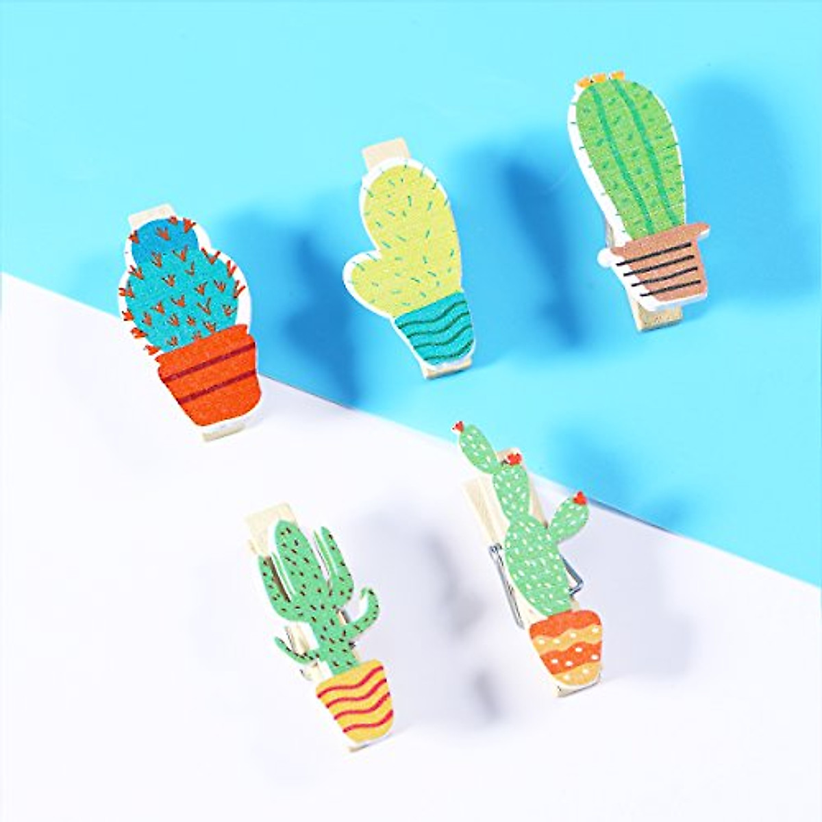 BESTOYARD 10pcs Cactus Mini Colored Wooden Clothespins Crafts Photo Clips with 1 Hemp Rope