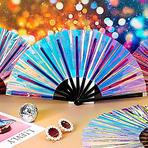 Purpeak 6 Pcs Holographic Rave Fan 13" Festival Fan Large Folding Fan Large Hand Fan Foldable Hand Fan Rave Line Dance Popping Fans for Women Men EDM Music Festivals Halloween Party Dance Club(Blue)